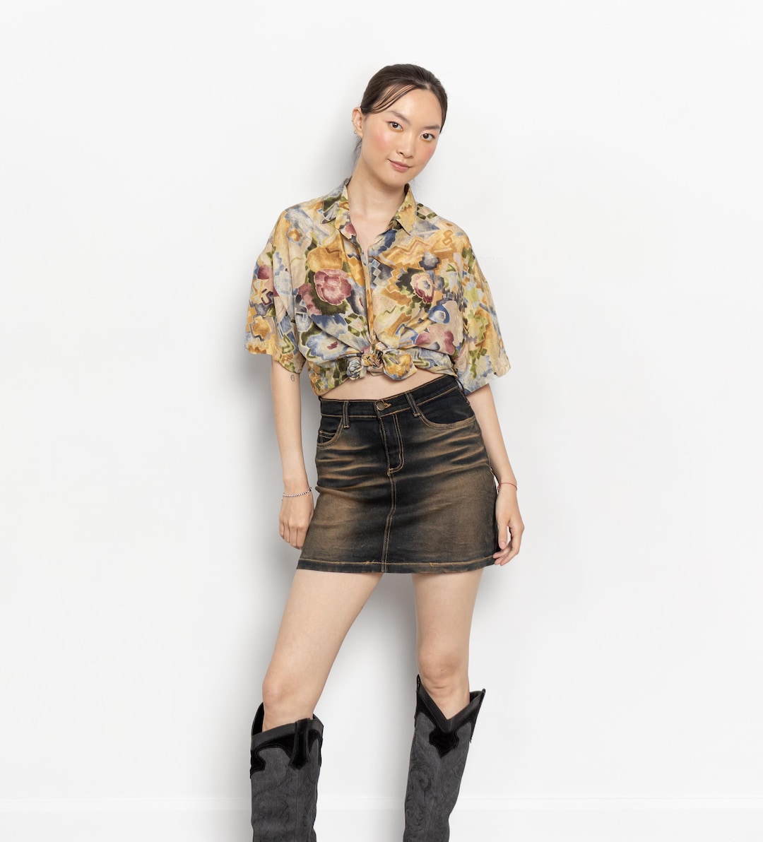 Vintage Brown Denim Mini Skirt: Stretchy Y2K Festival Style / 37 38 ...