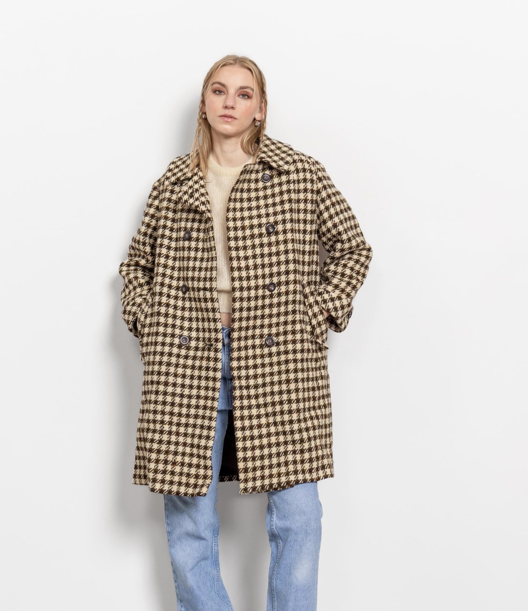 CHECKERED WOOL COAT Vintage Brown Trench Midi Fall Winter Mid Century ...