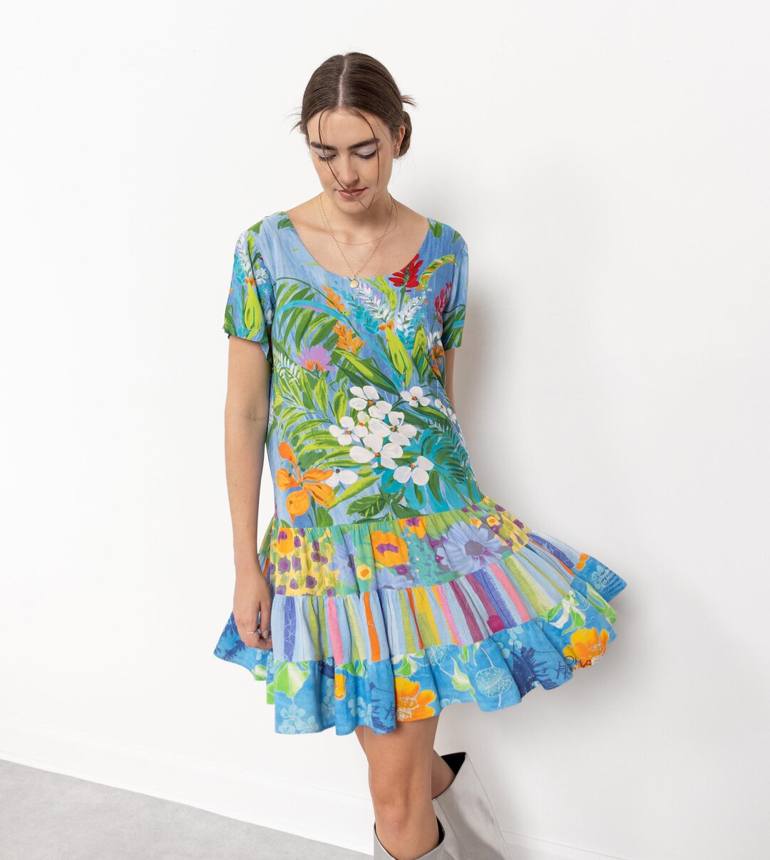 PASTEL FLORAL DRESS Vintage Midi Flowy Blue Flowers Summer Sundress ...