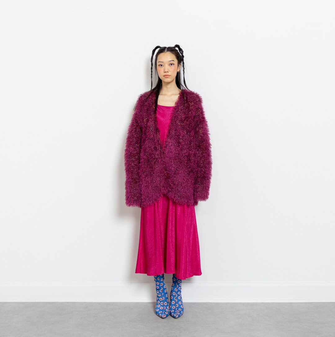 FUZZY PINK CARDIGAN Vintage Midi Long Bright Magenta Hairy - Etsy
