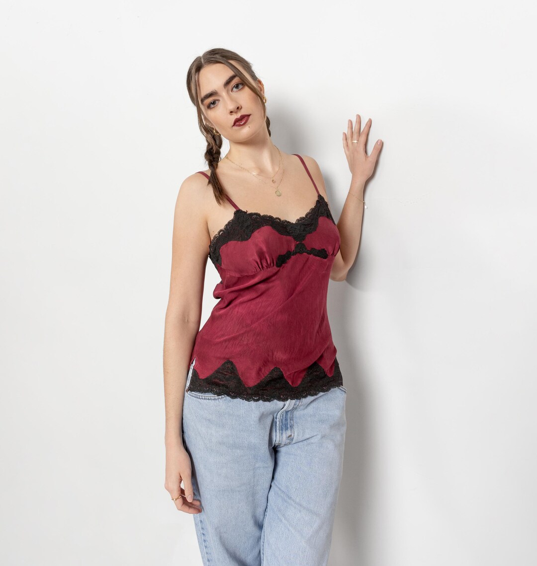 BURGUNDY SILK LACE Camisole Vintage Medium Tank Top Lingerie - Etsy