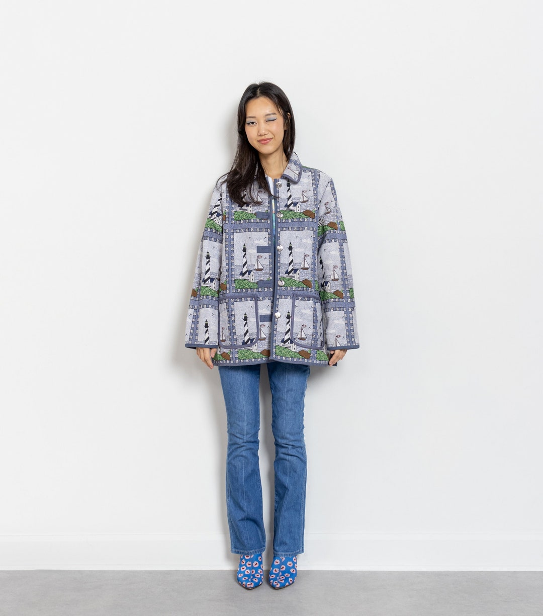 WOVEN JACKET LIGHTHOUSES Vintage Cotton Tapestry Coat Blazer Outerwear ...