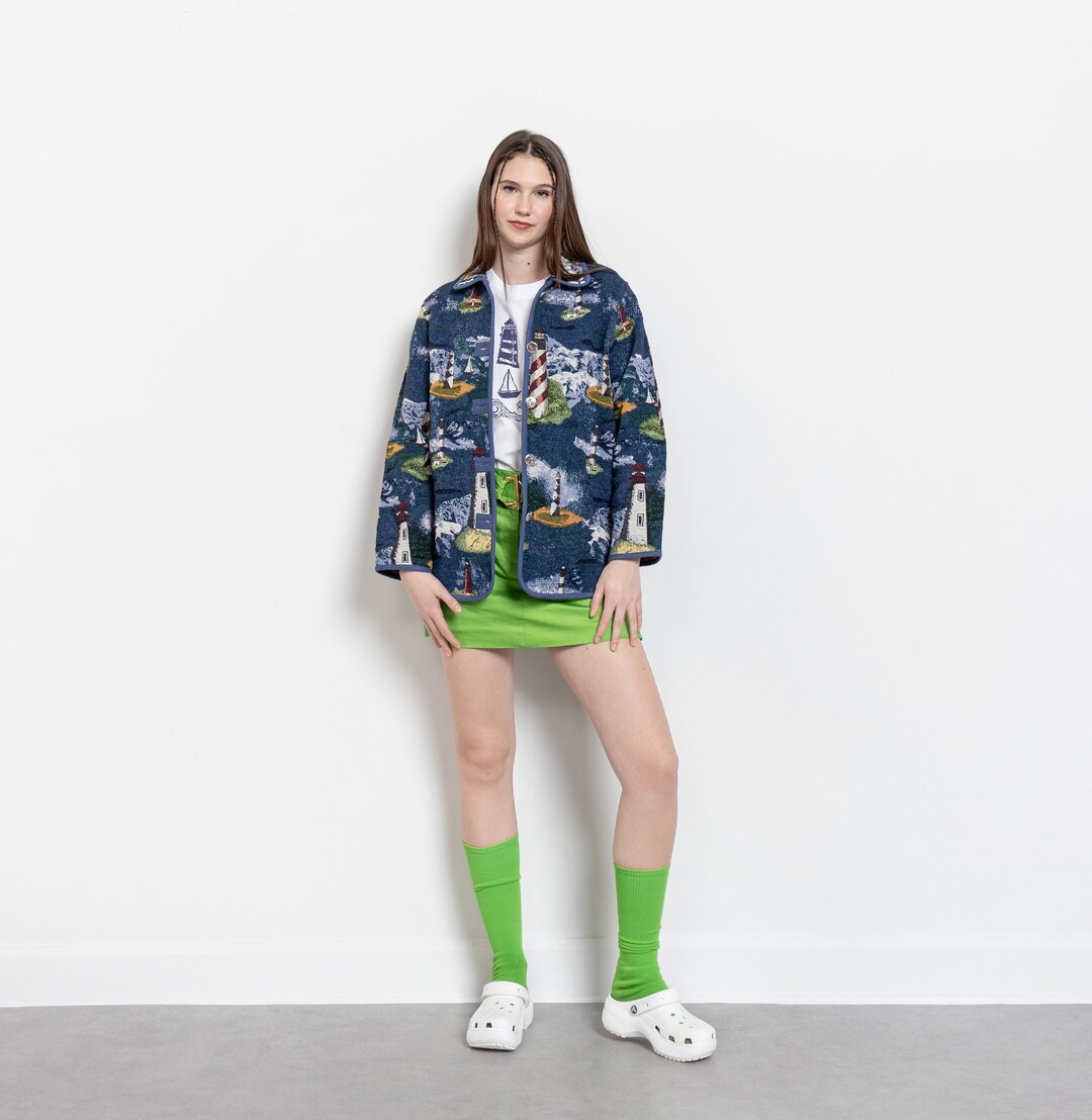 WOVEN JACKET LIGHTHOUSES Vintage Cotton Tapestry Coat Blazer Outerwear ...