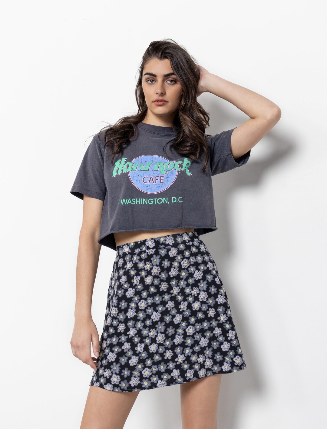 FLORAL DITZY MINI Skirt Vintage Black Blue Cute High Waist Flirty Fun ...