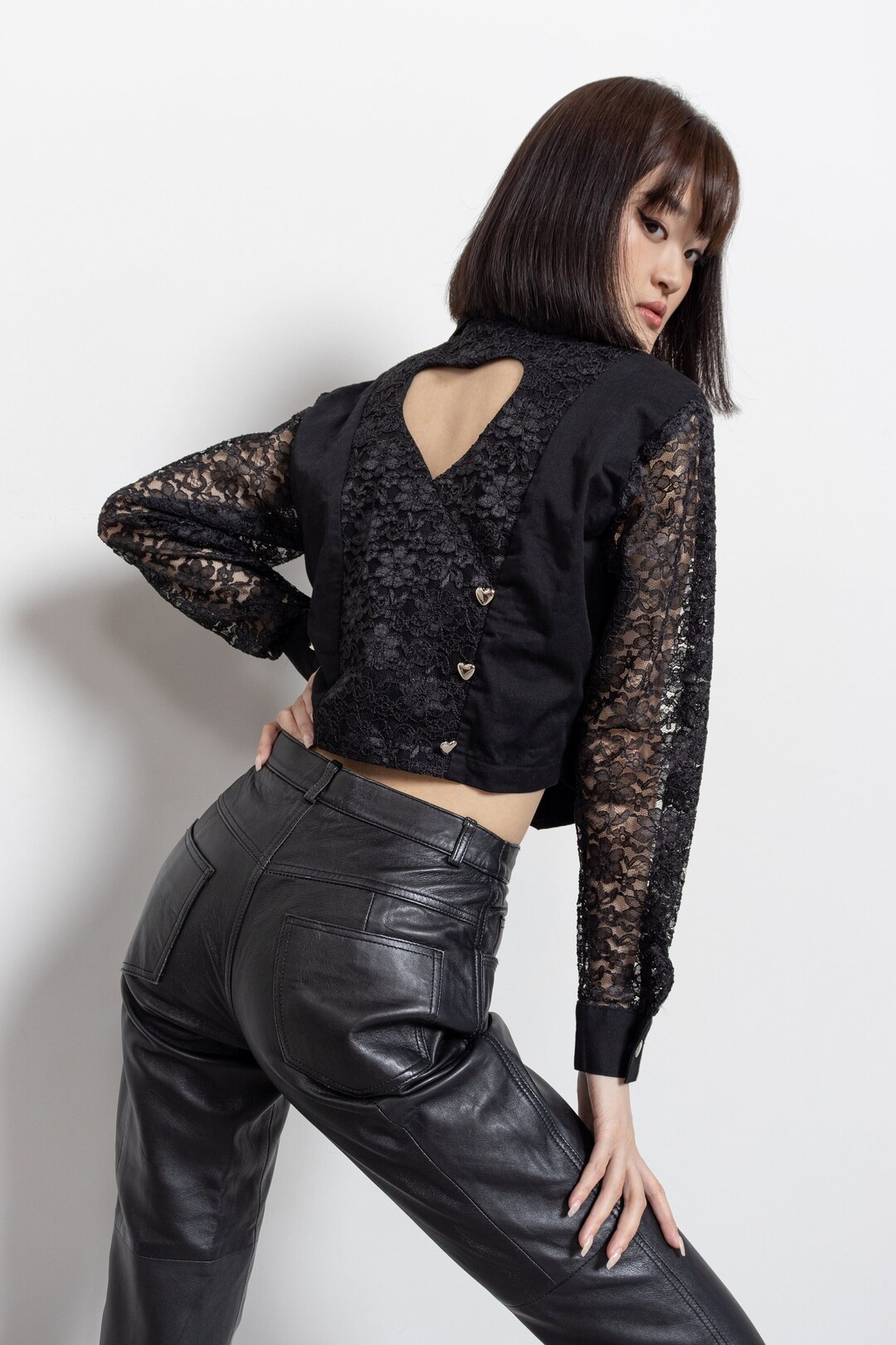 CROPPED LACE BLAZER Heart Cut Out Jacket Vintage Black 80's Cute ...