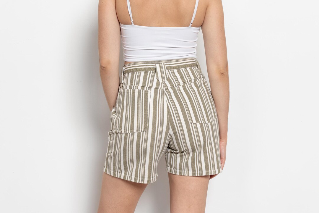 Stripe LONGLINE SHORTS JORTS Vintage High Waist Denim Jean 90'S Bermuda ...
