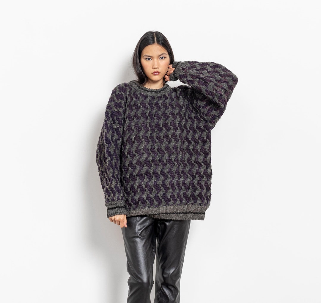 OVERSIZE CHUNKY WOOL Geometric Sweater Jumper Vintage Cozy Winter ...