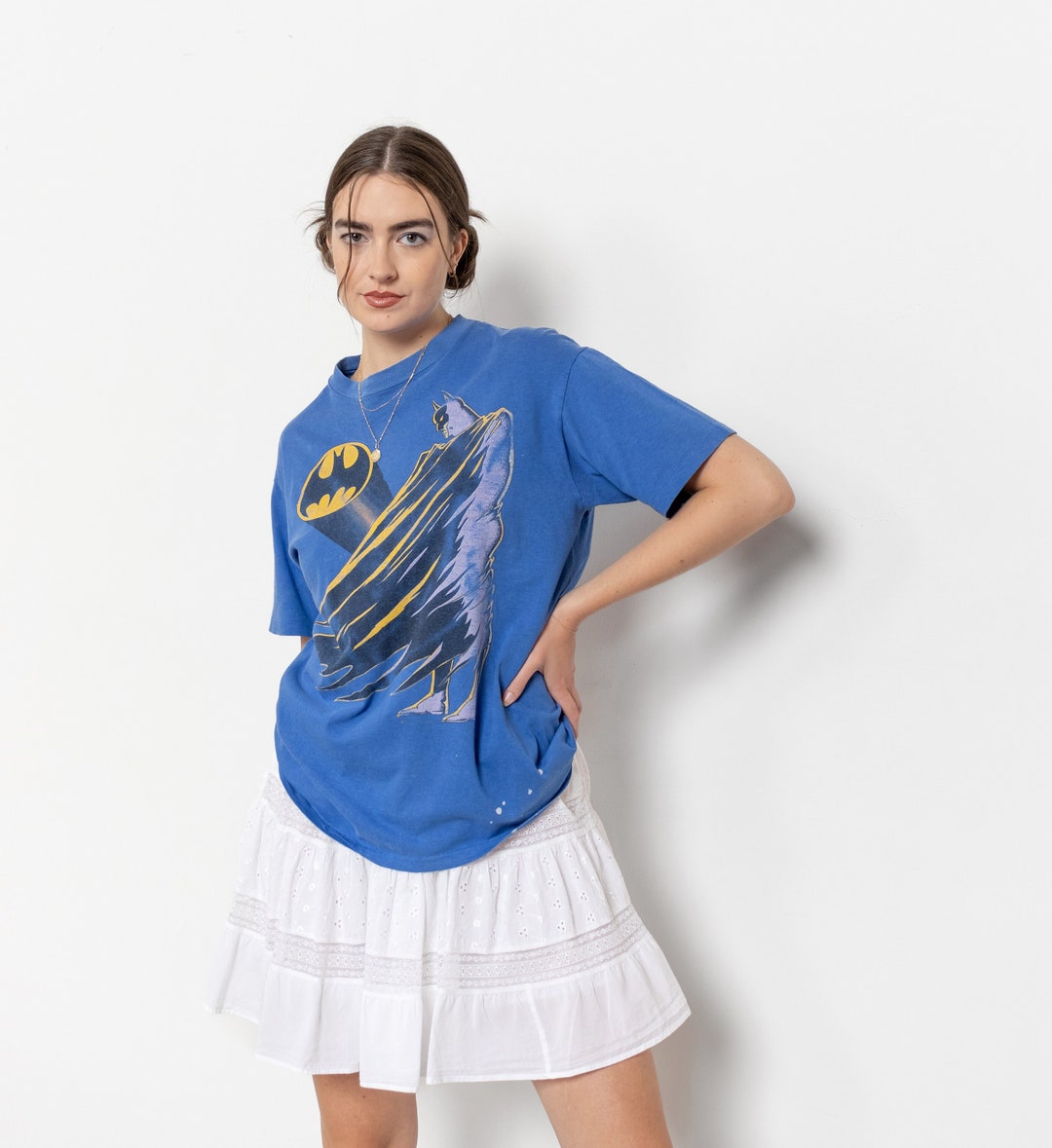 BATMAN VINTAGE TEE Blue Yellow Cartoon Official Bleach Splatter ...
