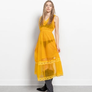 YELLOW MESH MAXI Dress See Through Sheer Lace Nylon Frilly 60s 70s ...