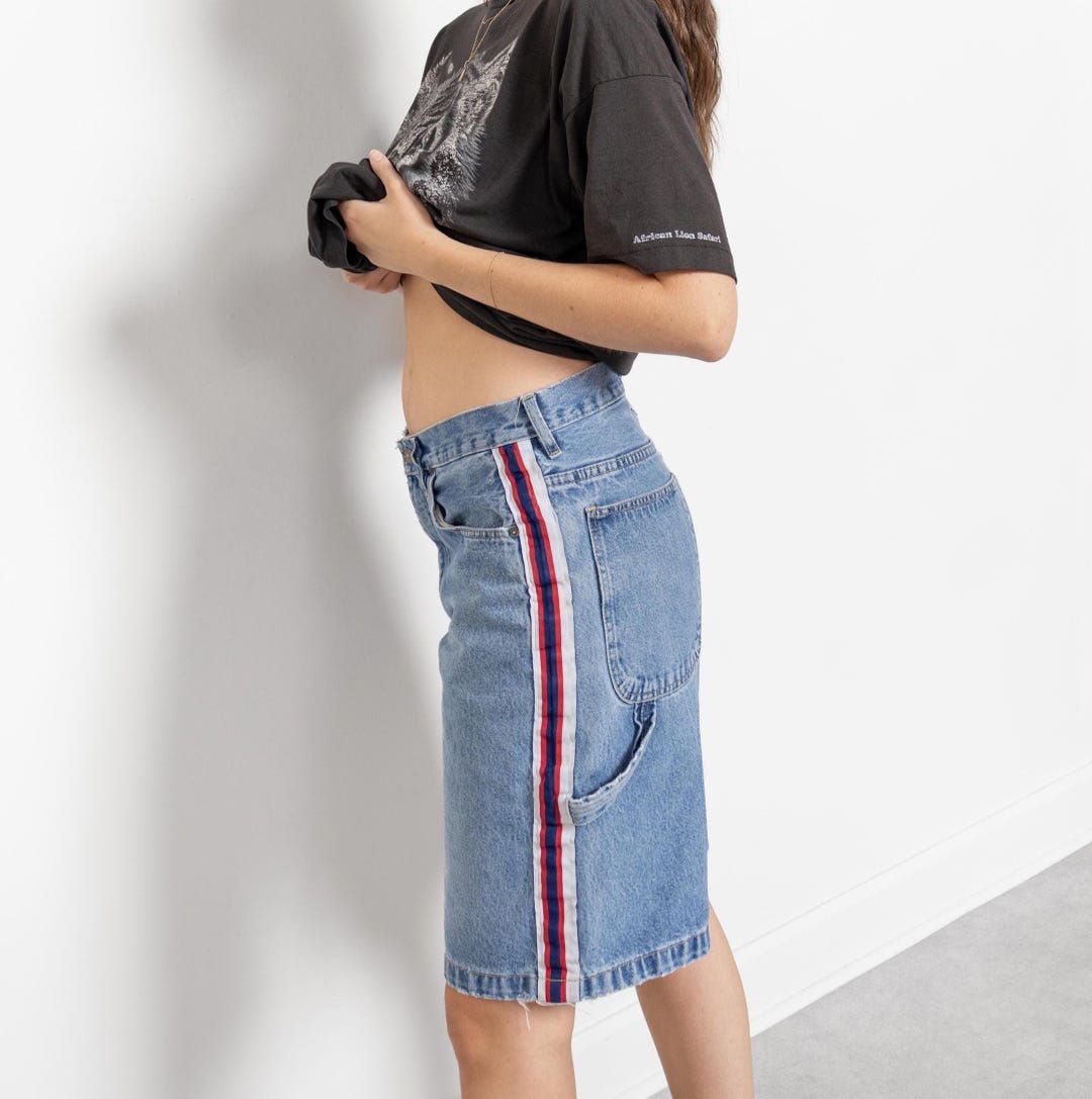 DENIM SKATER SHORTS Vintage Longline Jean Cotton Wide Leg Stripes Y2K ...