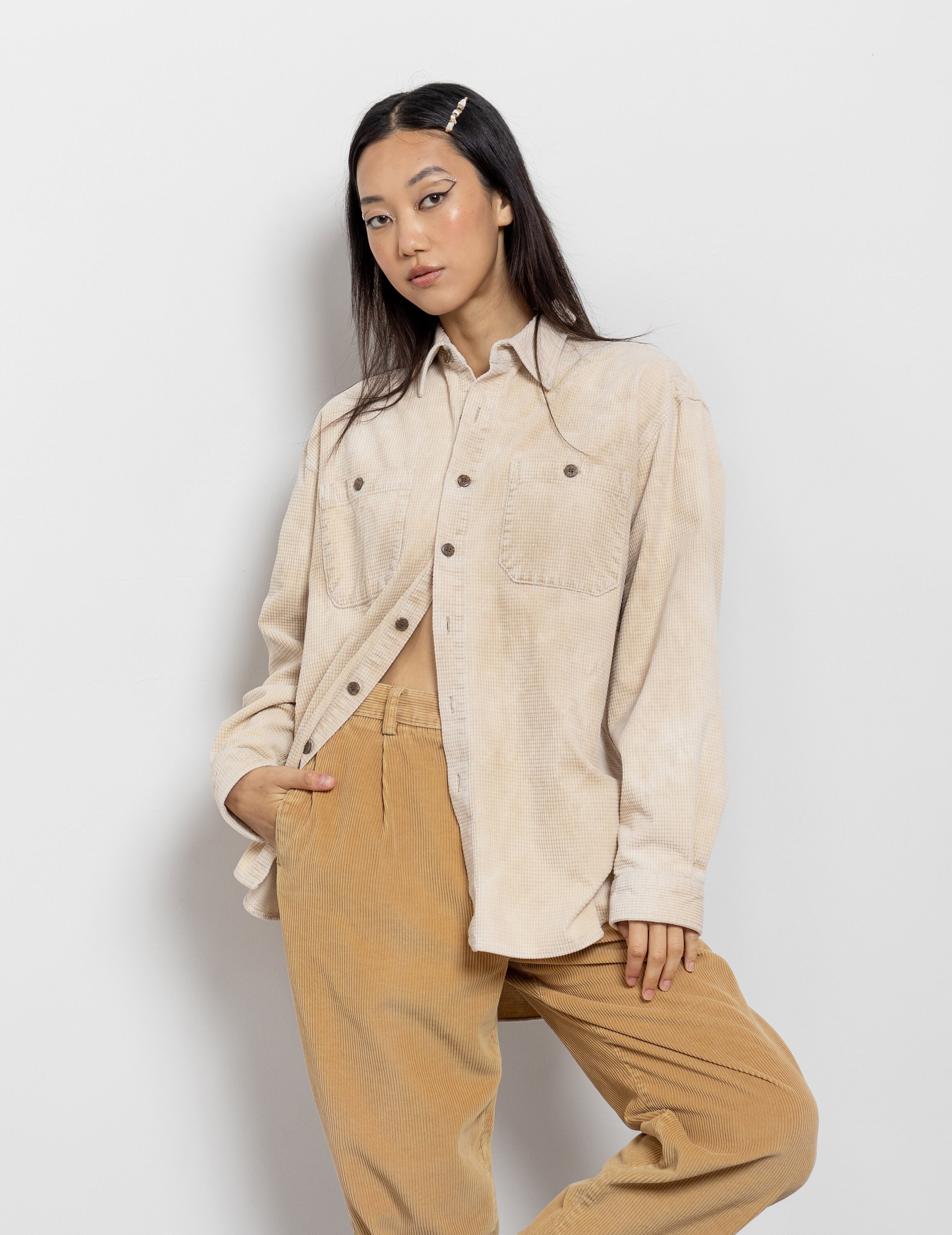BEIGE CORDUROY SHIRT Vintage Button up Cotton Work Shirt BEIGE CORDUROY SHIRT Vintage Button up Cotton Work Shirt