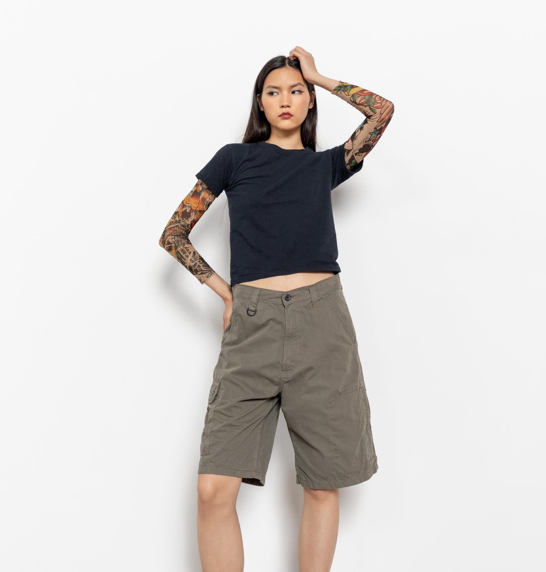 GREEN CARGO SHORTS Baggy Vintage Long Cotton Y2K Skater / 39 Inch Hips ...