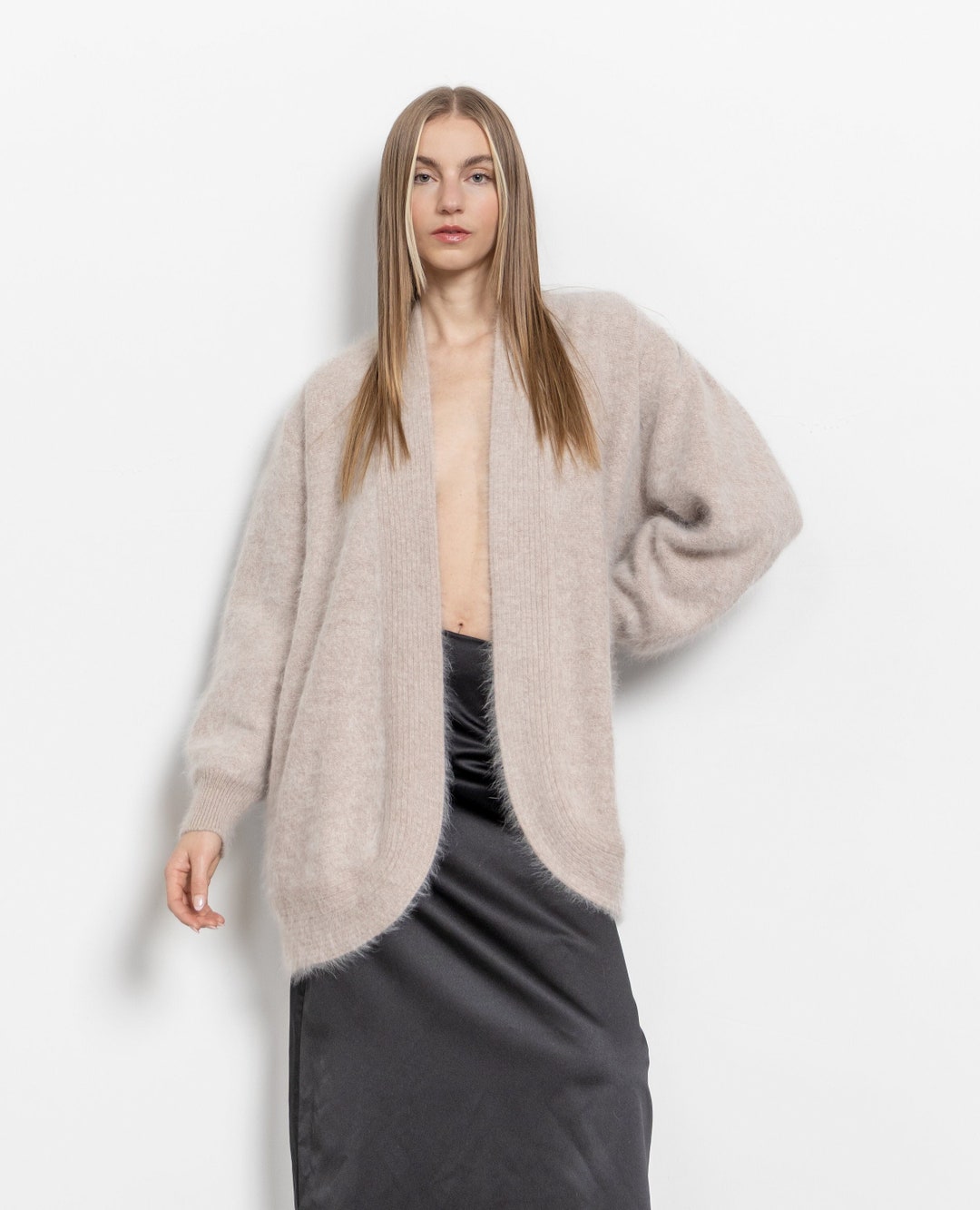 SOFT Fuzzy CARDIGAN BEIGE Sweater Jumper Vintage Oversize Light Jacket ...