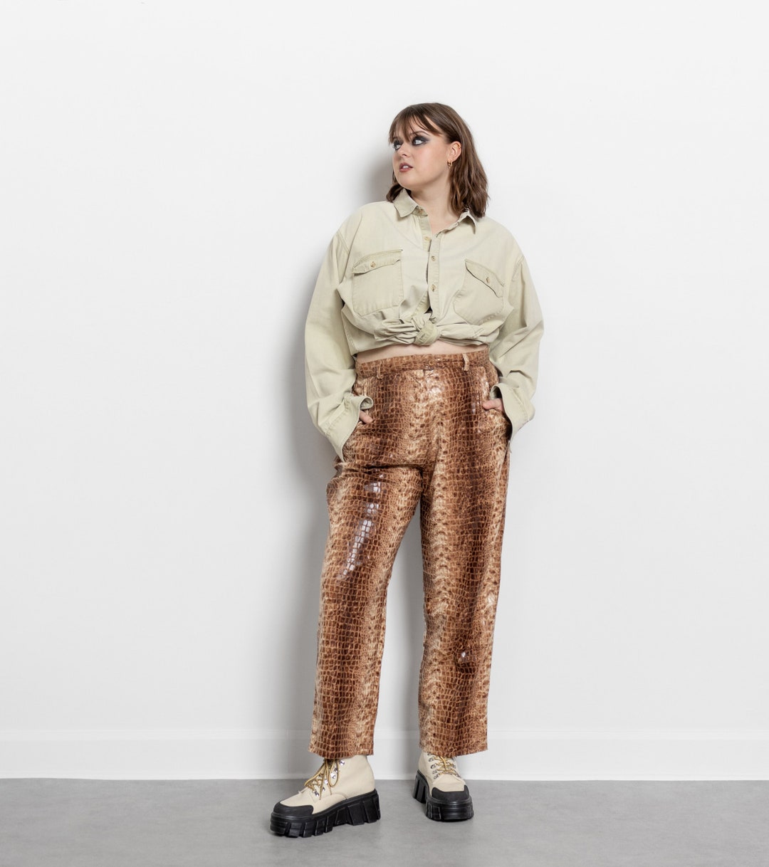 FAUX LEATHER TROUSERS Vintage Tan Pleather Alligator Skin Vegan High ...