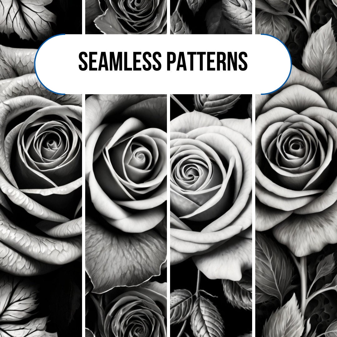 4 Seamless Black and White Rose Patterns. Black and White Rose Digital ...