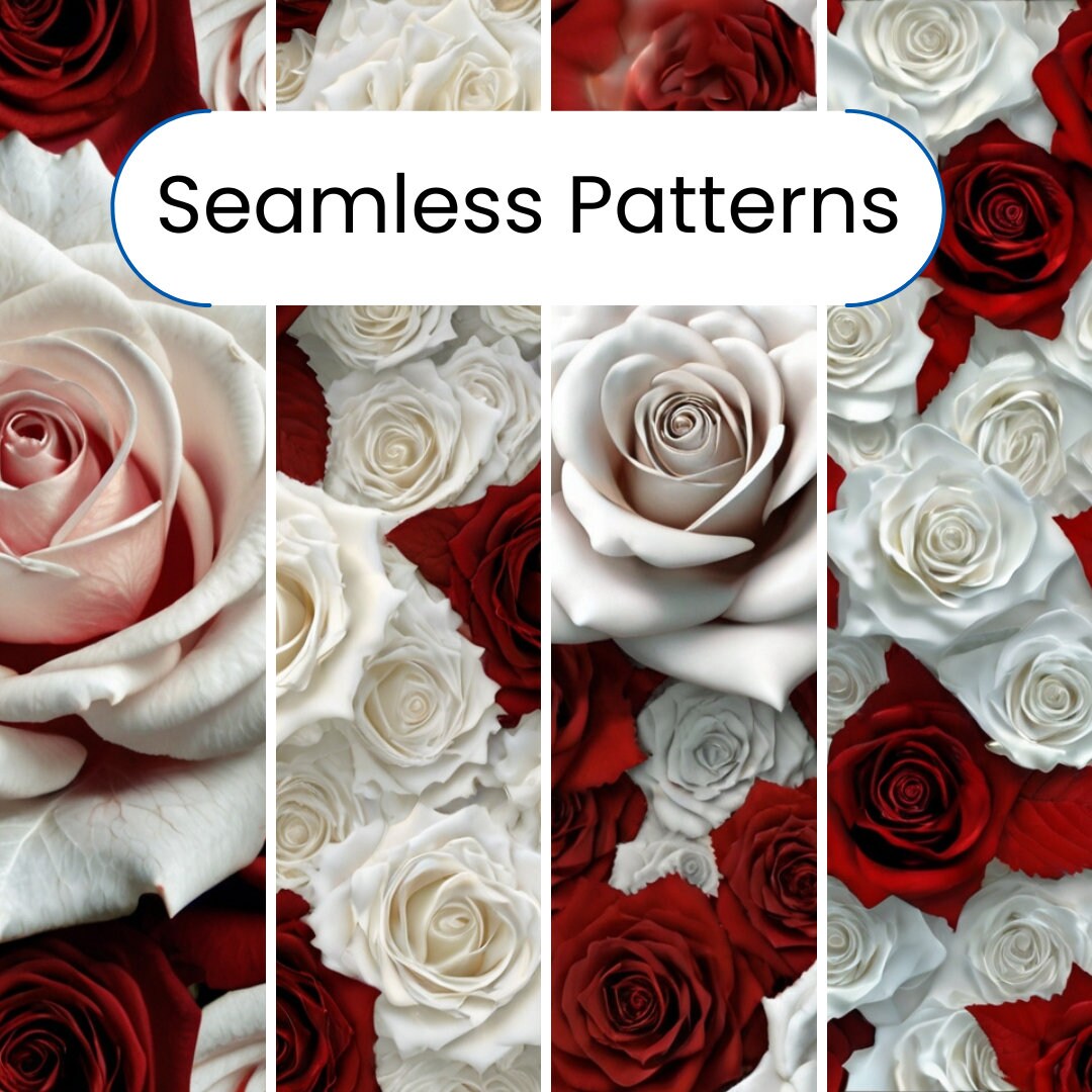 4 Seamless Red and White Rose Patterns. Red and White Rose Digital ...