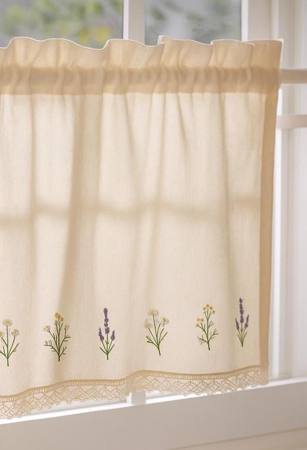 Cute Linen Curtains With Embroidered Flowers, Cottage Style Window ...
