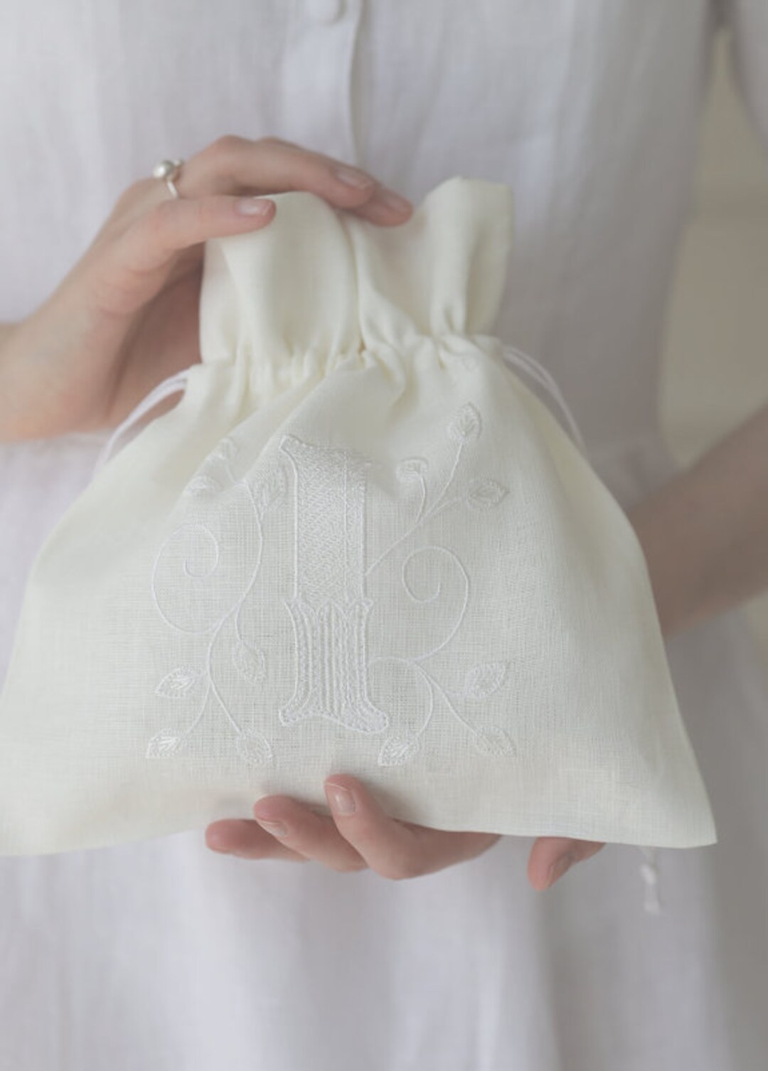 Embroidered White Linen Bag With Name Initials, Personalized Storage ...