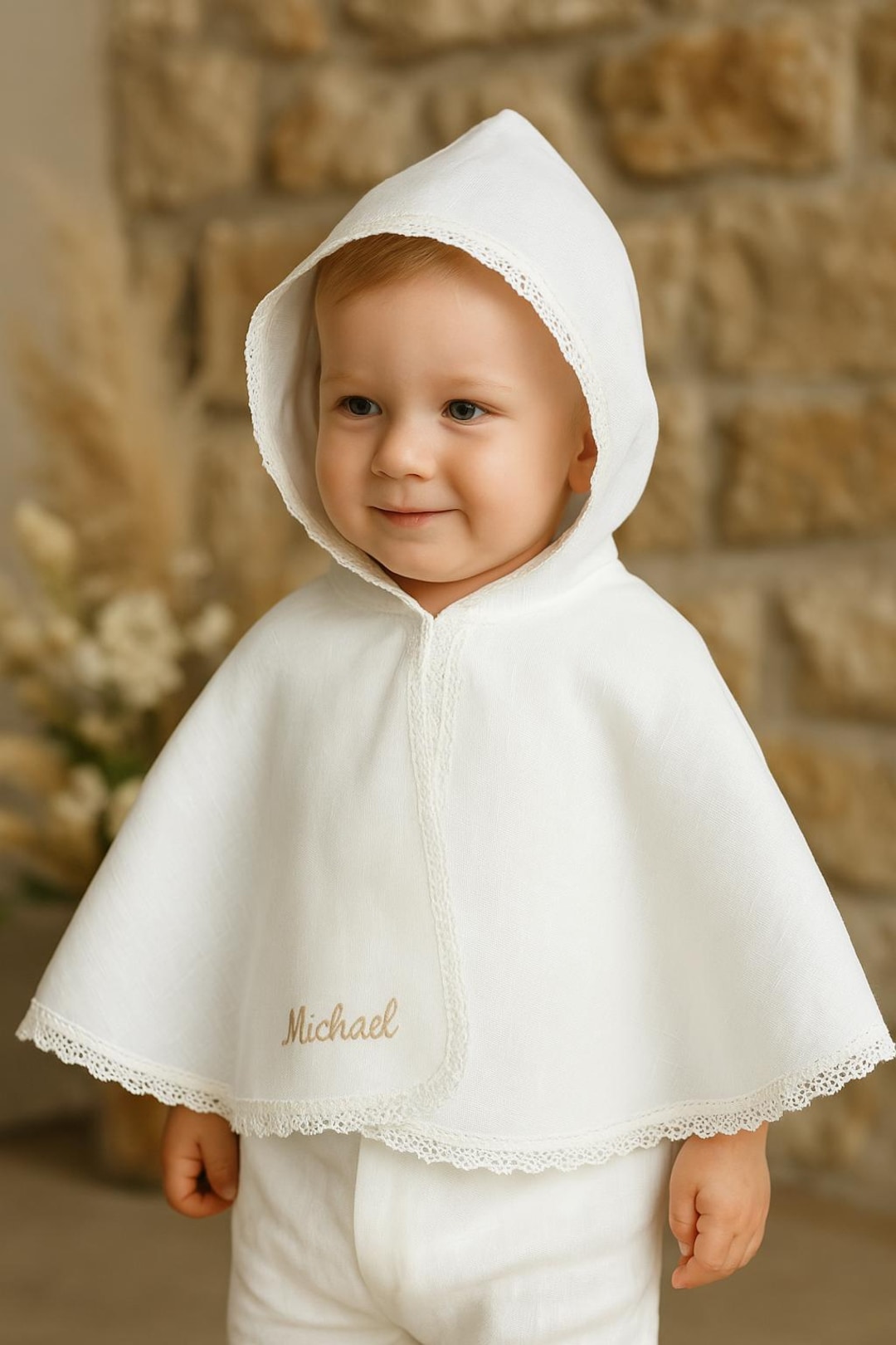 Personalized White Linen Cape With Name and Date, Embroidered Round ...