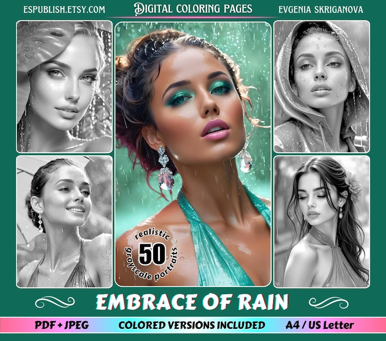 Digital Coloring Book: Embrace of Rain | Realistic Grayscale Portraits ...