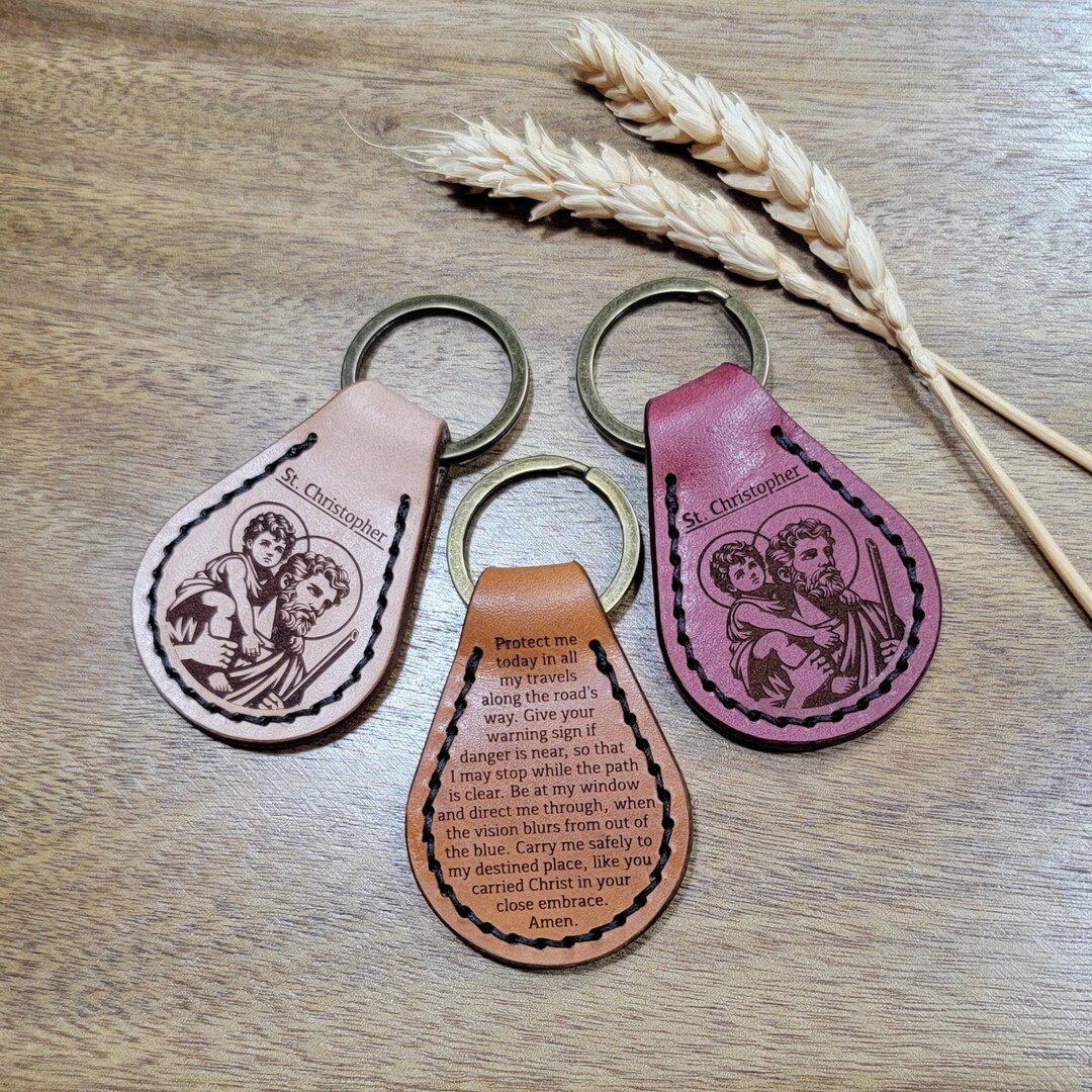 Saint Christopher Keychain – Leather Catholic Prayer Keychain - Etsy