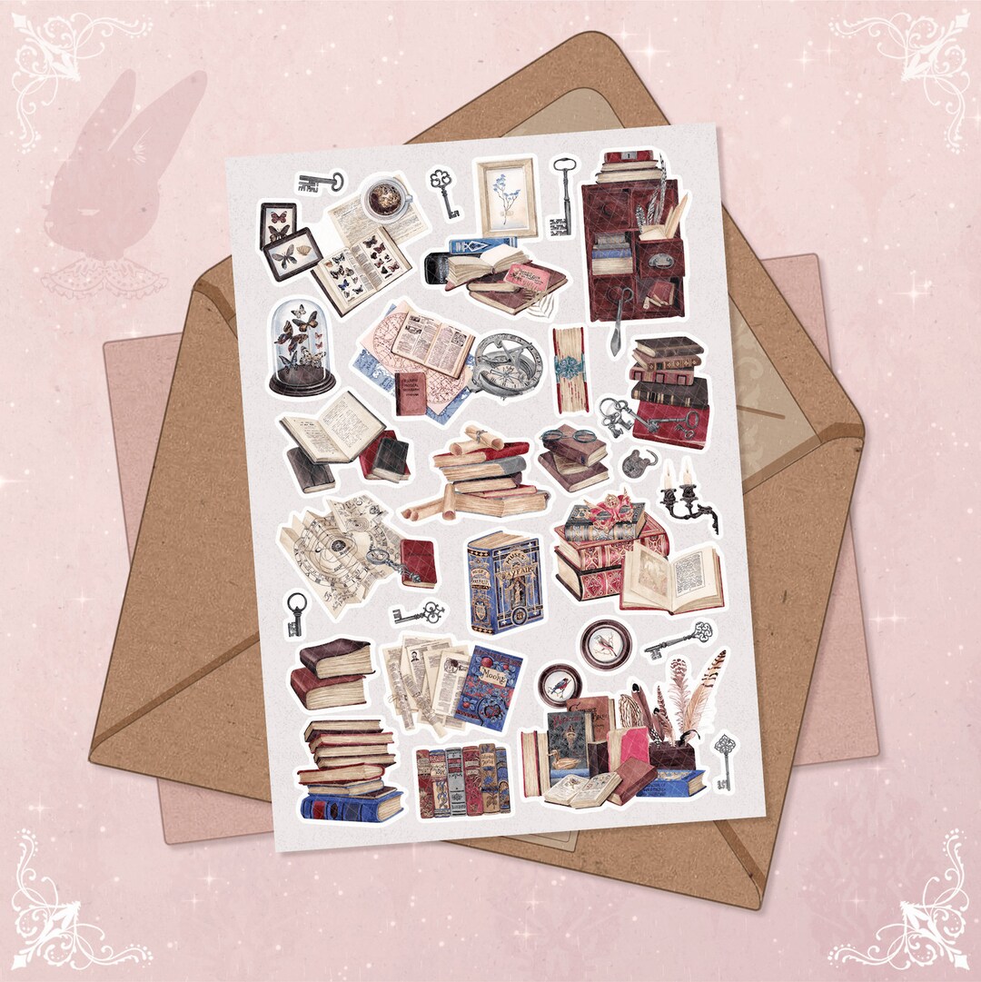 Old Library Atmosphere Sticker Sheet Books and Keys Student and ...