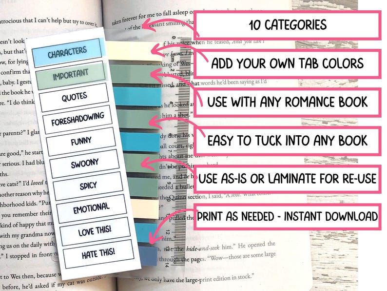 Printable ROMANCE Annotation Bookmark - Etsy