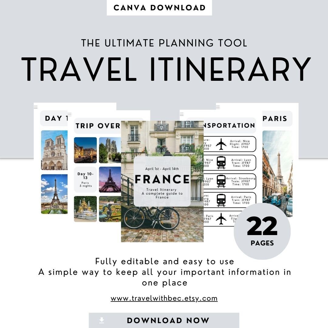 Editable Travel Itinerary Template Canva | 2 Week Trip Itinerary ...