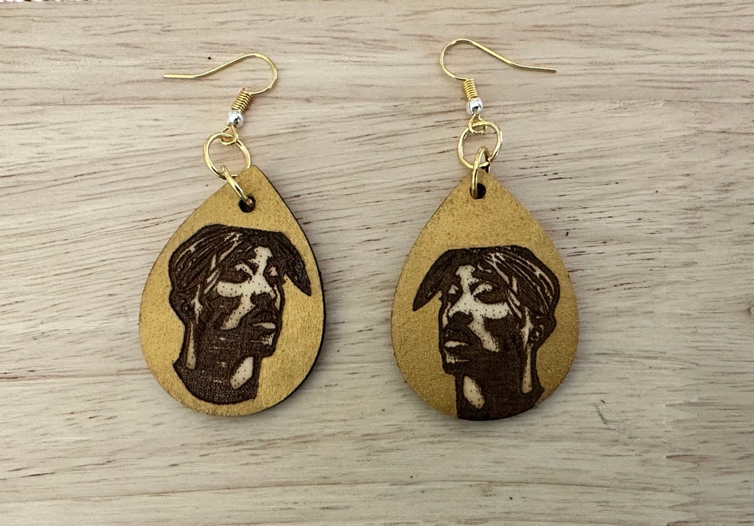 Tupac Engraved Wooden and Painted Earrings. Homemade. Lightweight ...