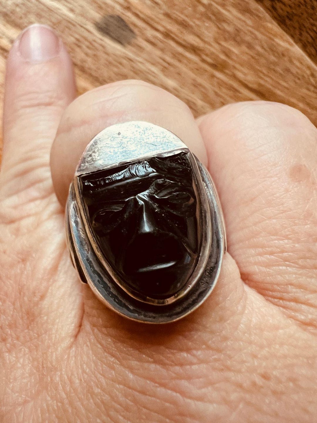 Vintage Sterling Silver Carved Onyx Mask Ring Size 8.5 Mexican Taxco ...