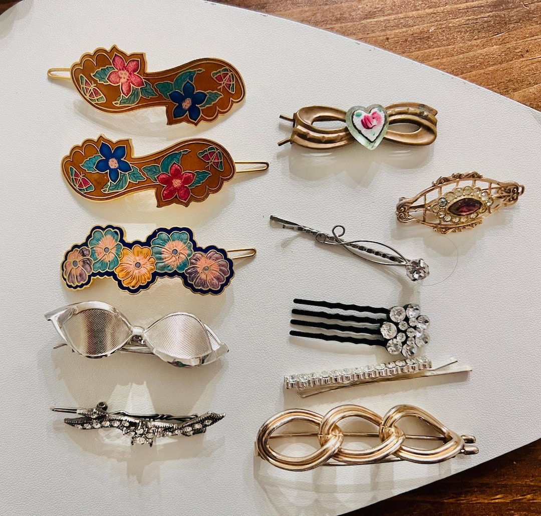 Vintage Hair Accessories Lot | Rhinestone, Floral, Enamel Barrettes ...