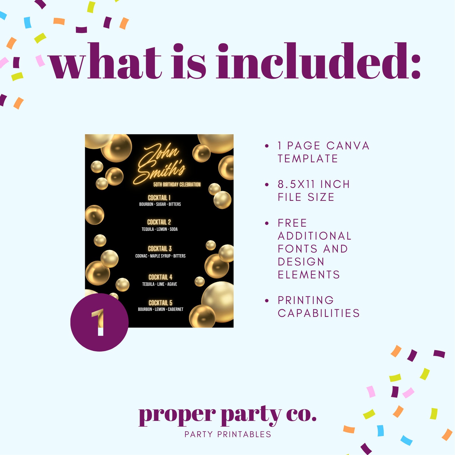 Drink Menu Template - Black and Gold Birthday Menu - Signature Drinks ...