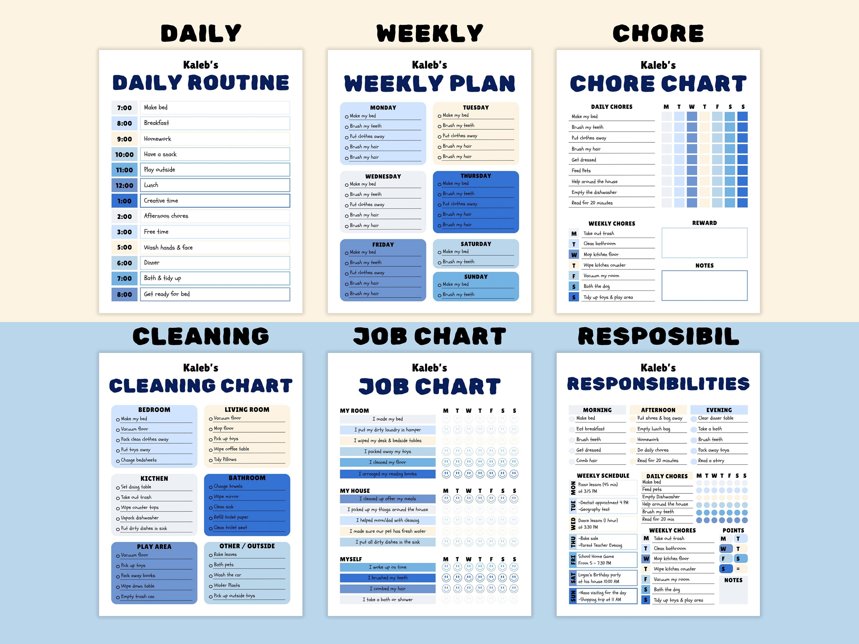 Editable Kids Chore Chart Bundle, Kids Checklist, Children Daily Weekly ...