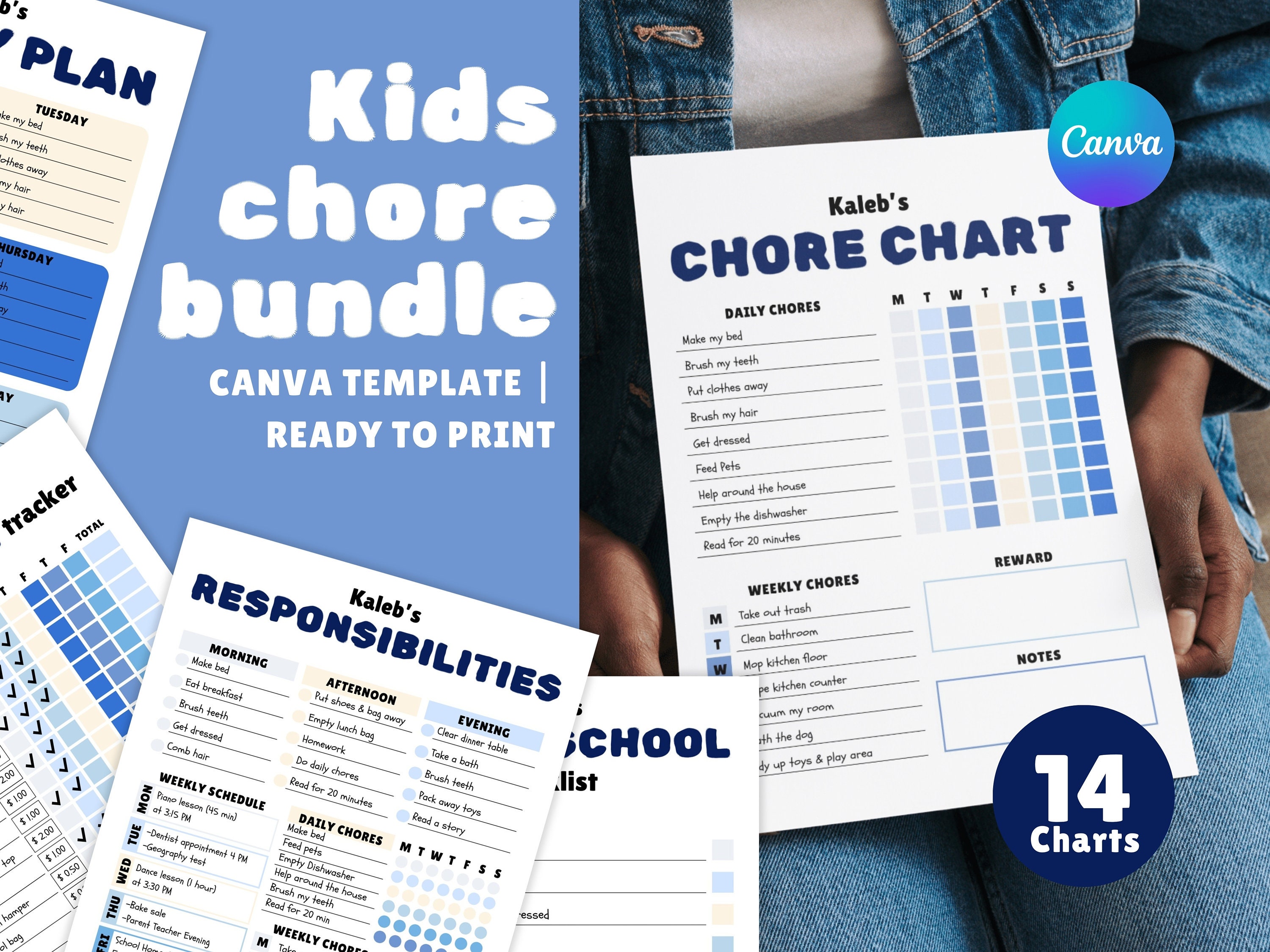Editable Kids Chore Chart Bundle, Kids Checklist, Children Daily Weekly ...