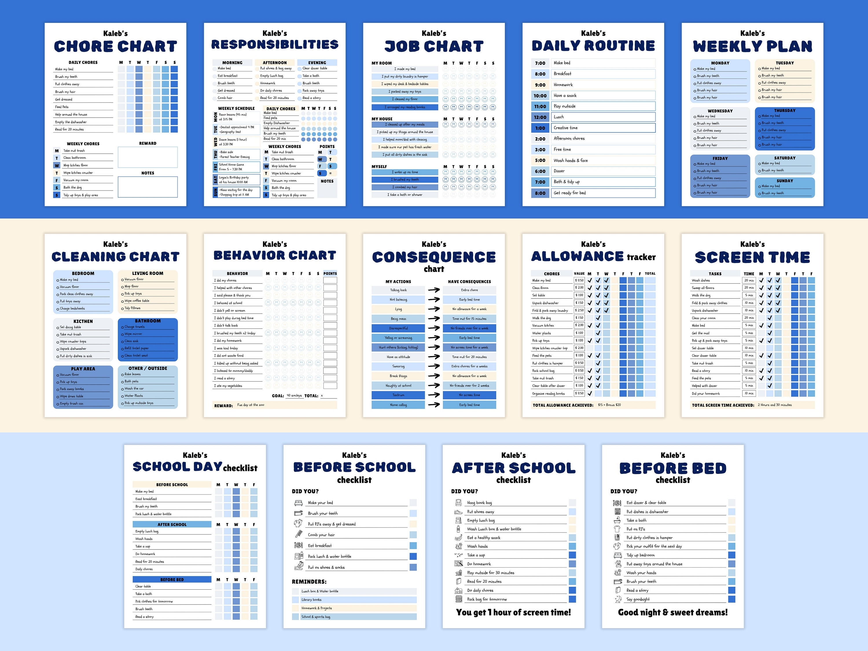 Editable Kids Chore Chart Bundle, Kids Checklist, Children Daily Weekly ...