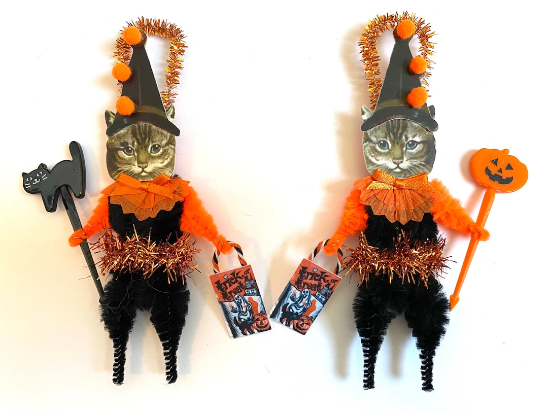 Grey Tabby Cat HALLOWEEN Ornaments | Retro CAT Trick or Treat Ornaments ...