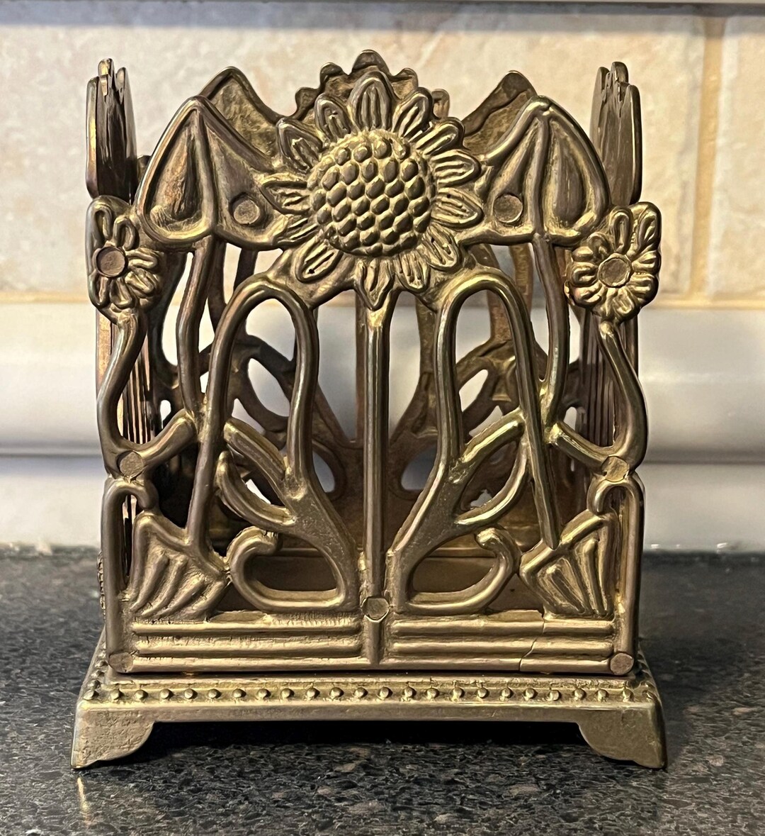 Vintage Brass Rectangular Pen Holder Floral Heavy Gorgeous Sunflower ...
