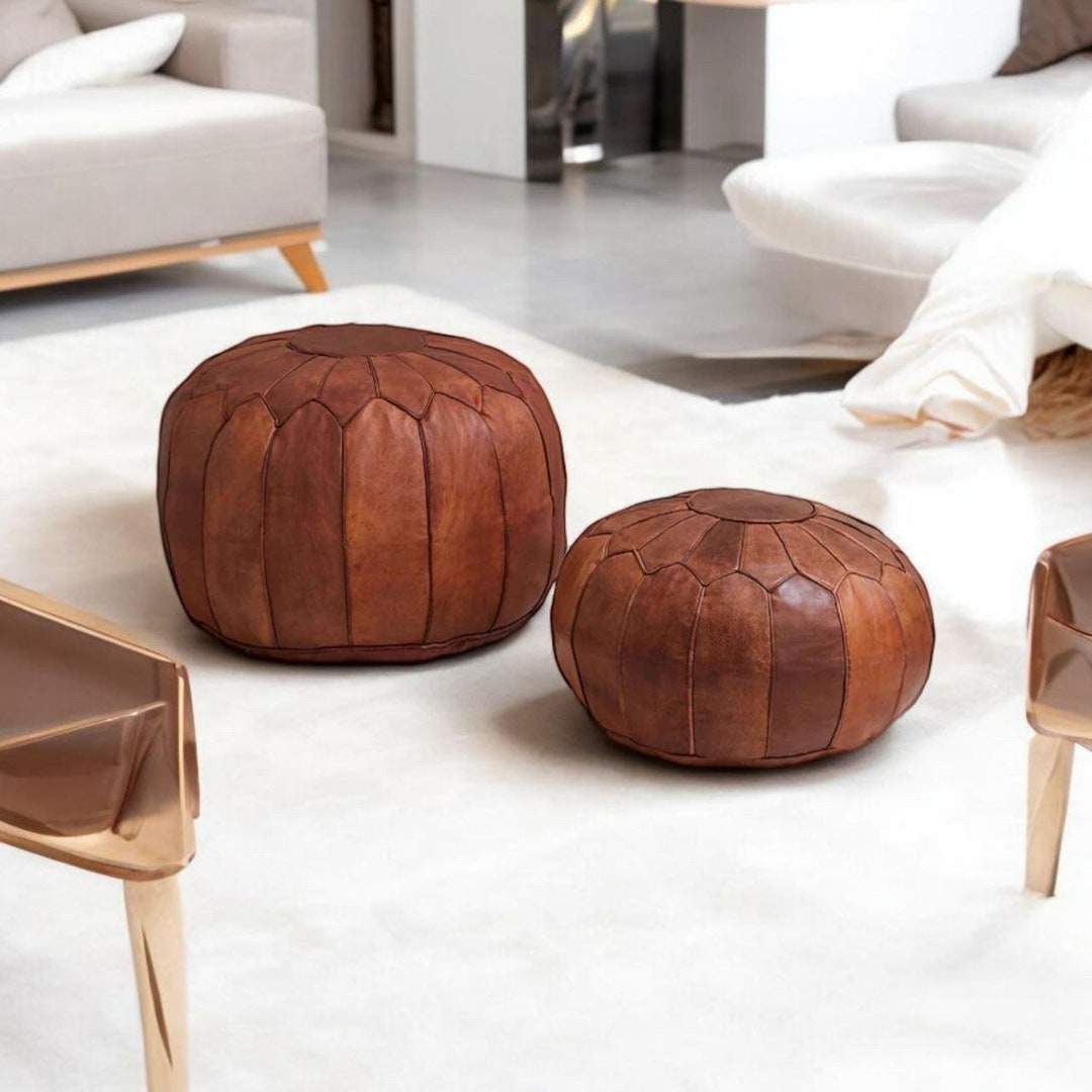 Moroccan Round Leather Pouffe | Handcrafted Footstool | Ottoman | Floor ...