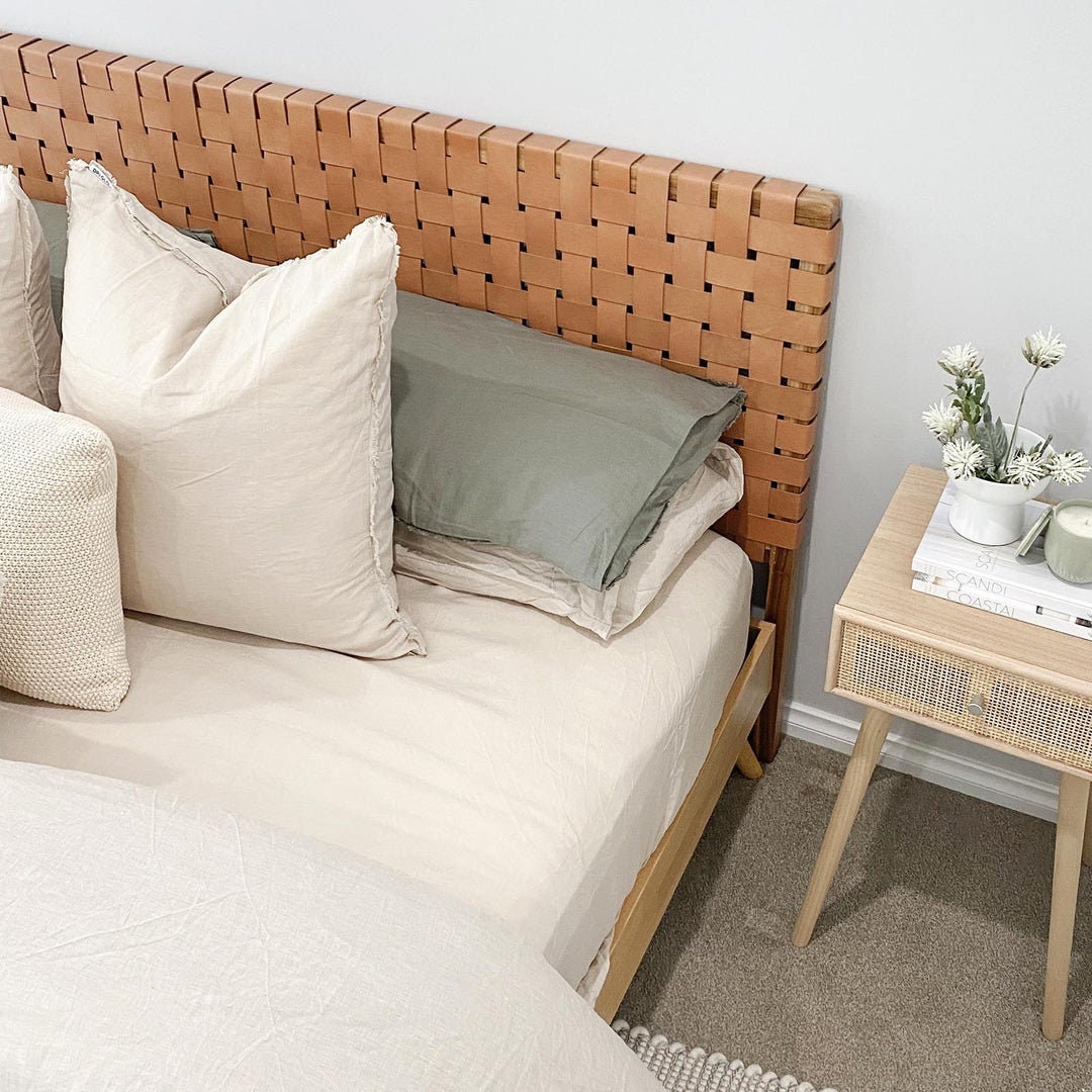 Stylish Tan Leather Headboard , Wall Hanging Leather Straps Headboard ...