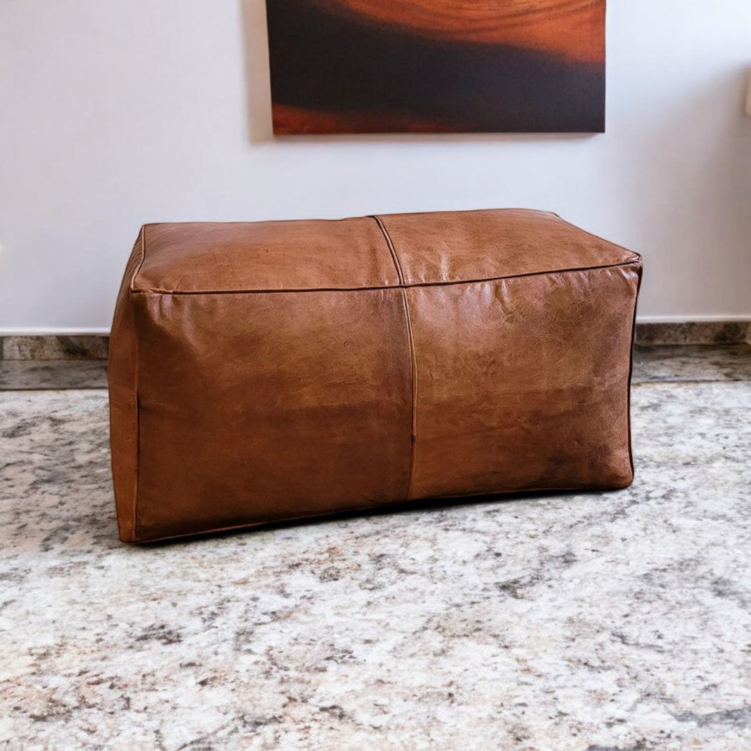 Rectangle Morrocan Pouf, Brown Leather Side Table, Large Ottoman Pouf ...