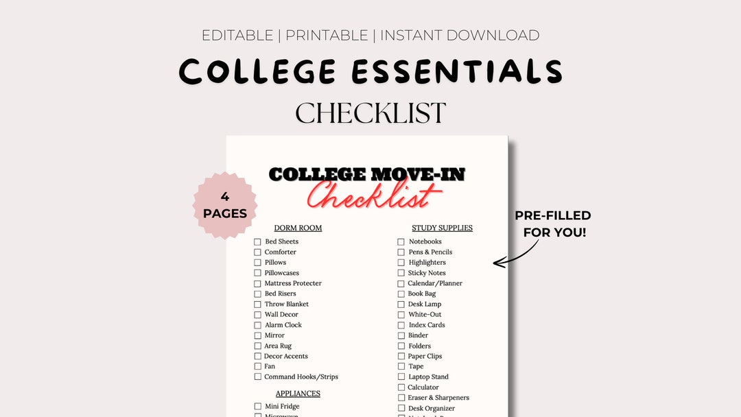 Best College Move-in Checklist, Freshman Essentials Checklist, College ...
