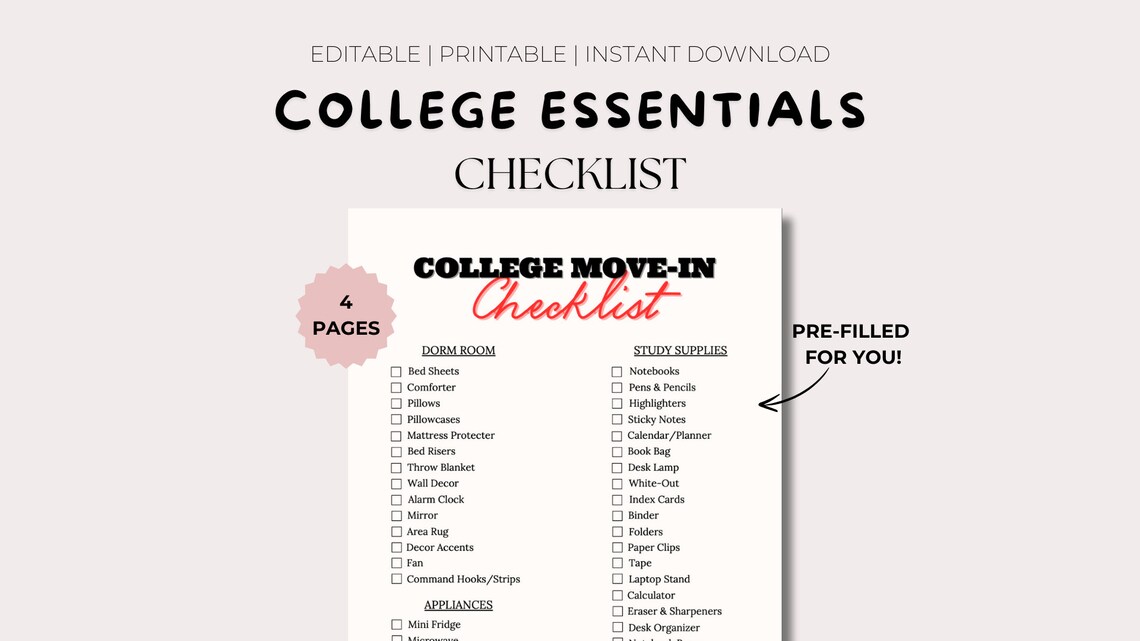 Best College Move-in Checklist, Freshman Essentials Checklist, College ...
