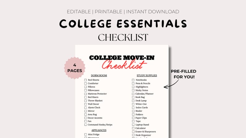 Best College Move-in Checklist, Freshman Essentials Checklist, College ...