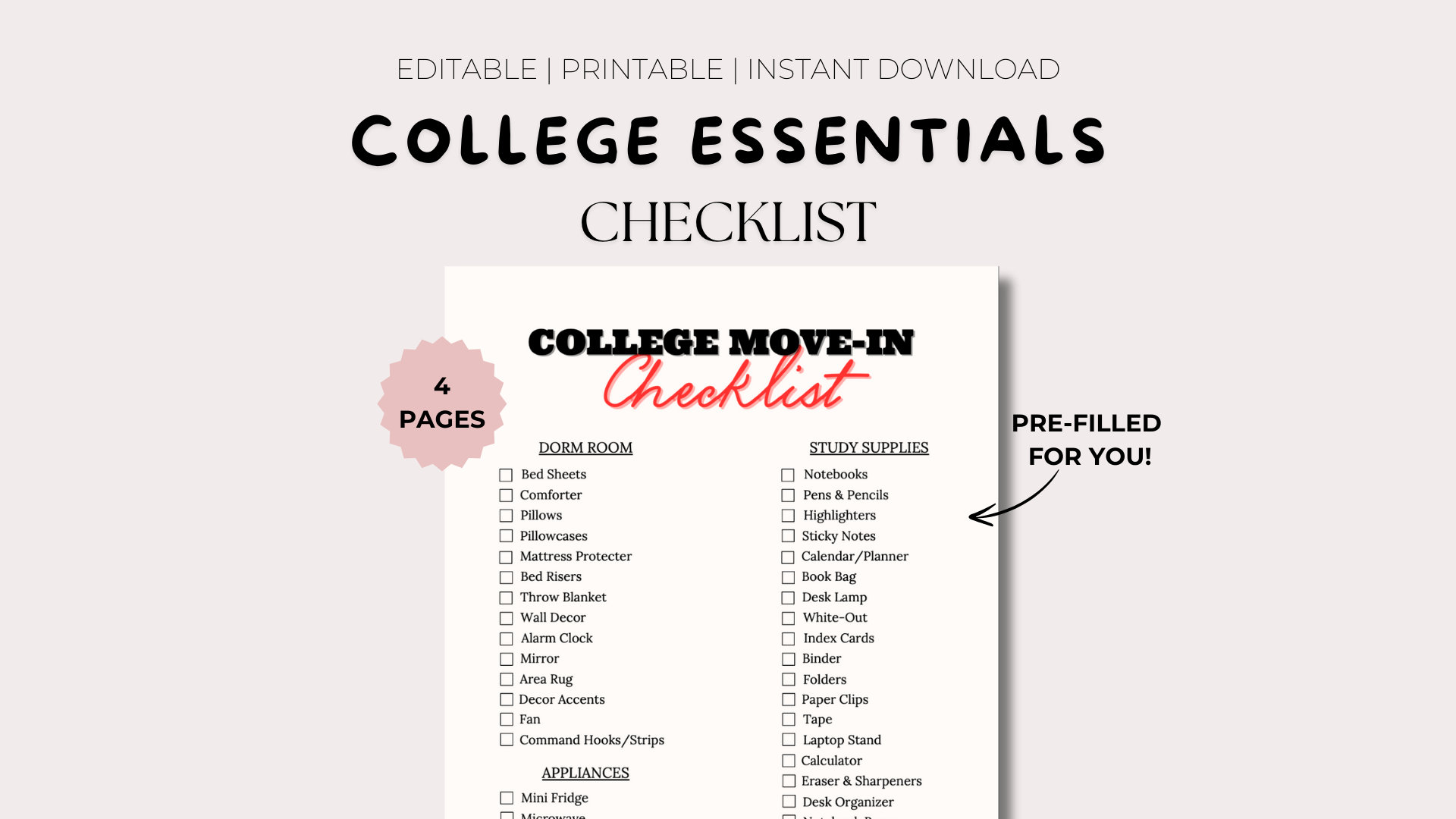 Best College Move-in Checklist, Freshman Essentials Checklist, College ...
