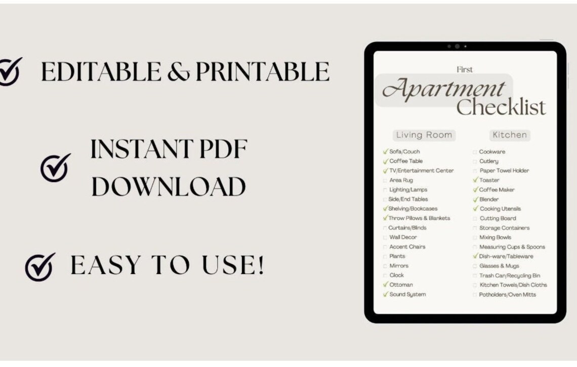 First Apartment Checklist Printable, Editable | New Home Checklist ...