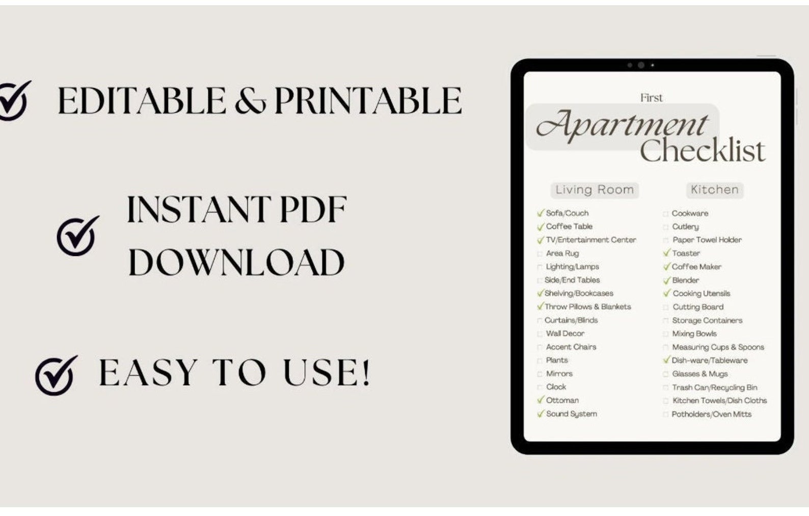 First Apartment Checklist Printable, Editable New Home Checklist ...