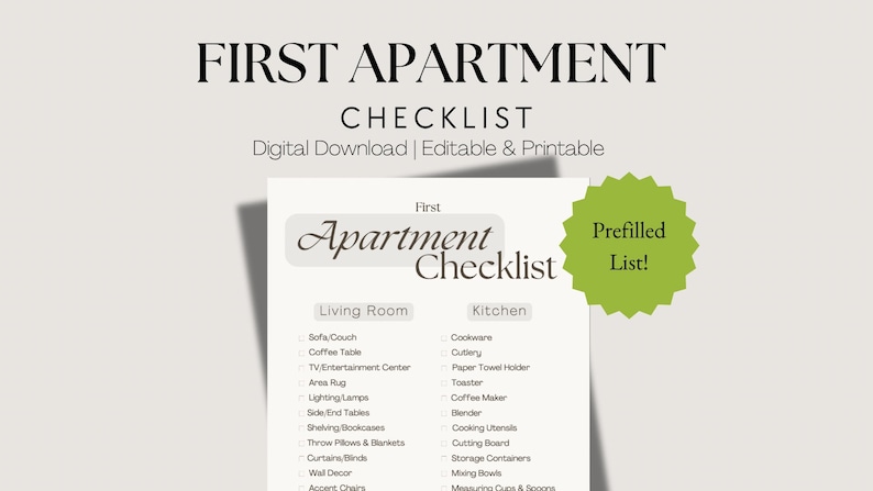 First Apartment Checklist Printable, Editable | New Home Checklist ...