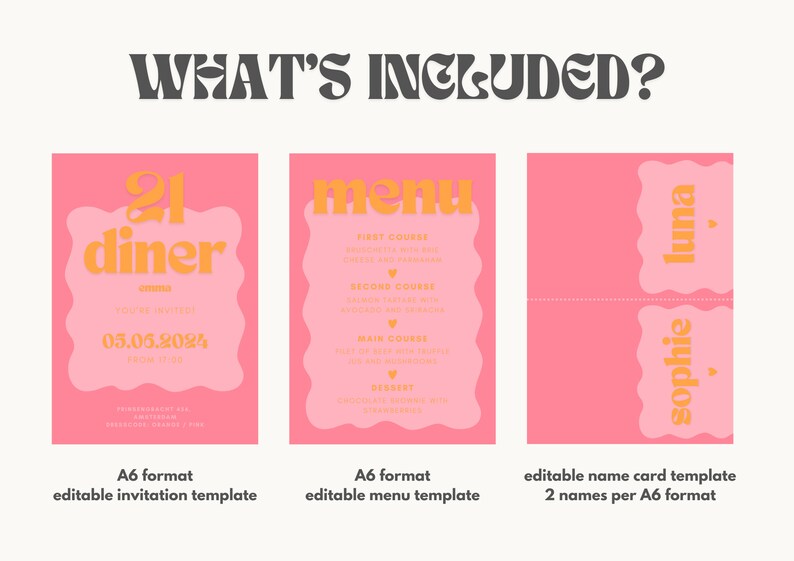 21 Diner Invitation Menu Namecards Template Set Digitally Editable ...