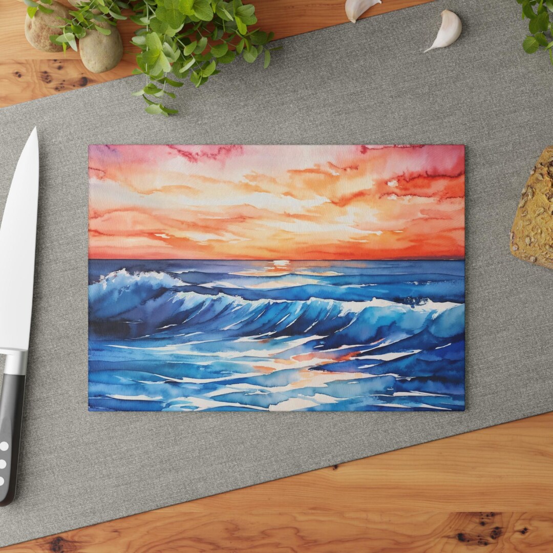 Ocean Sunset Cutting Board | Ocean Serving Tray | Glass Worktop Saver ...