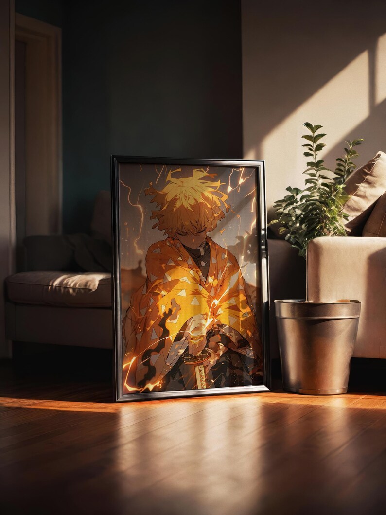 Zenitsu Agatsuma Poster, Demon Slayer Wall Art, Thunder Breathing Anime ...